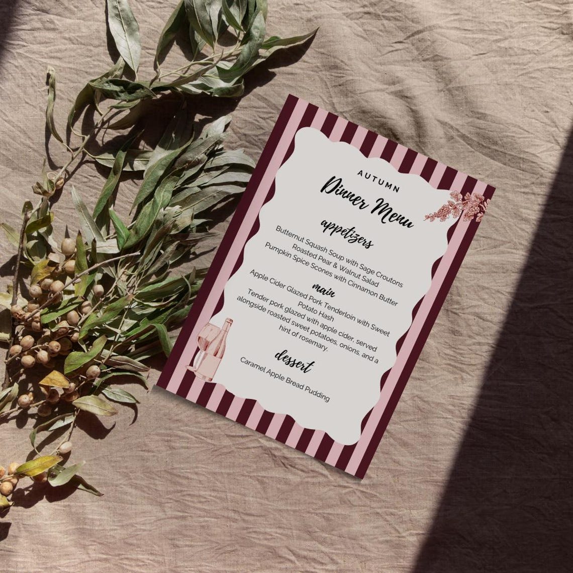 Dinner Party Menu Card Editable Template Instant Download Pink and Dark ...