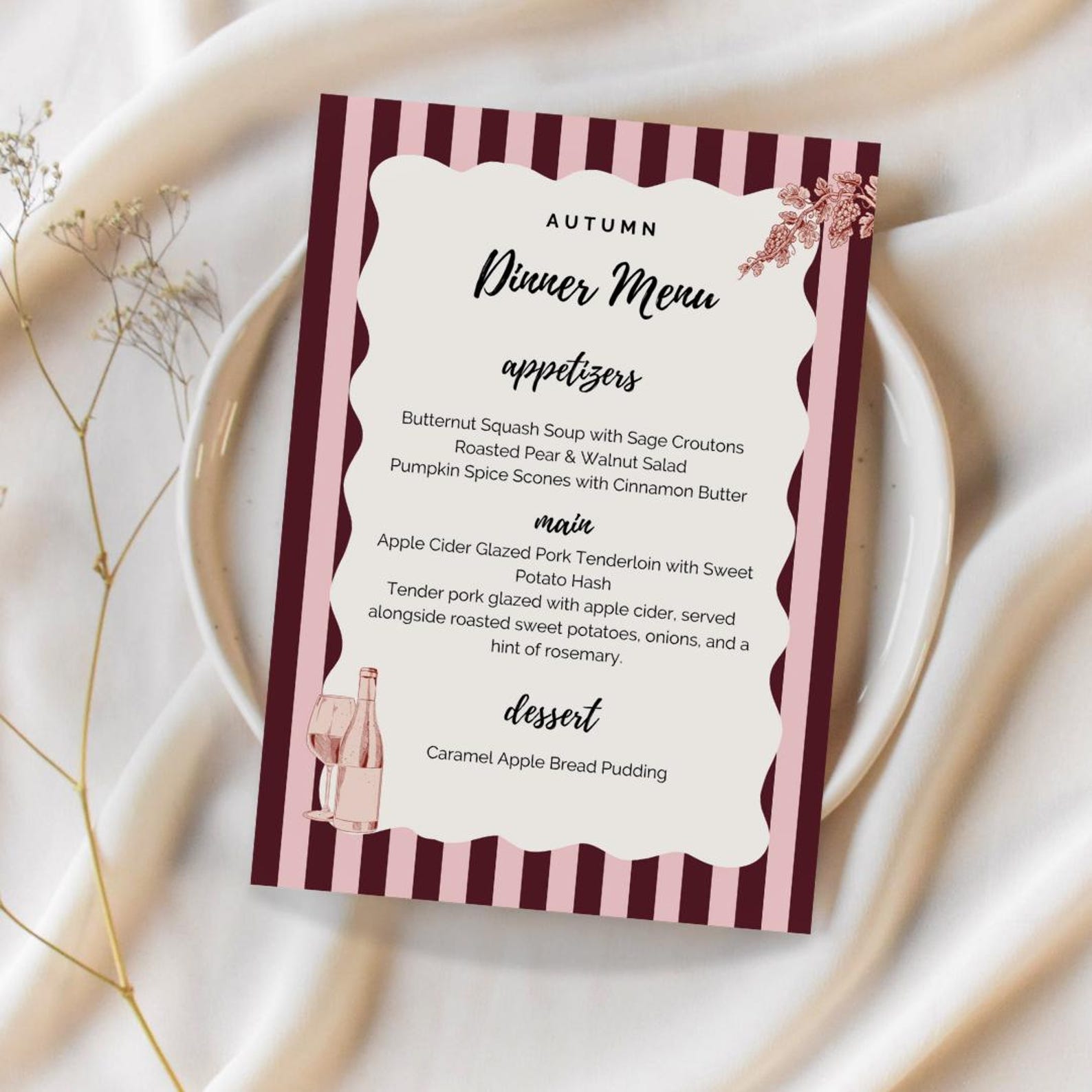 Dinner Party Menu Card Editable Template Instant Download Pink and Dark ...