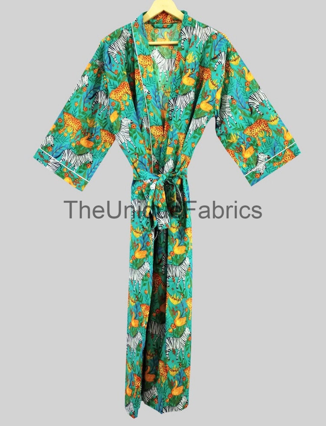 Green Jungle Print Cotton Kimono Robes, Morning Tea Cotton Coat ...