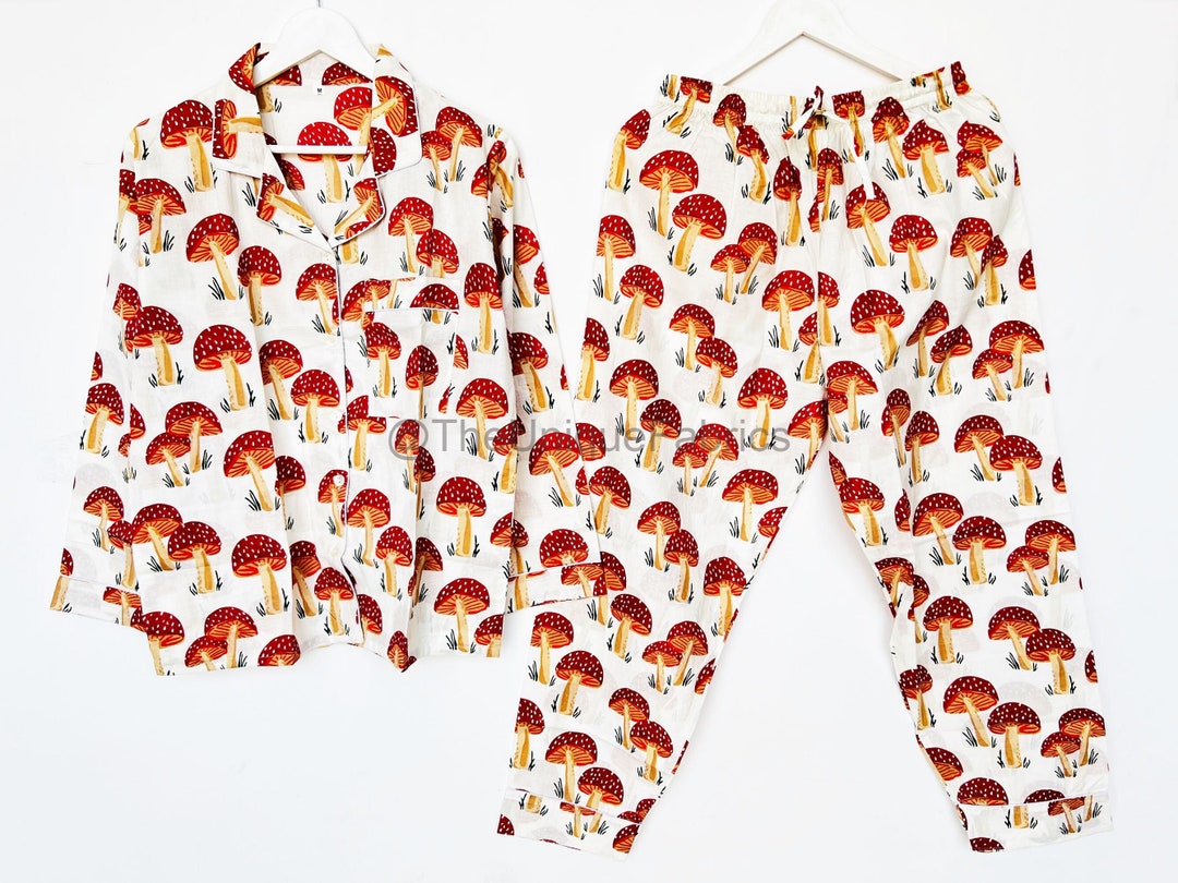 Beautiful Mushroom Print Pajama Set, Indian Soft Cotton Pj Set ...