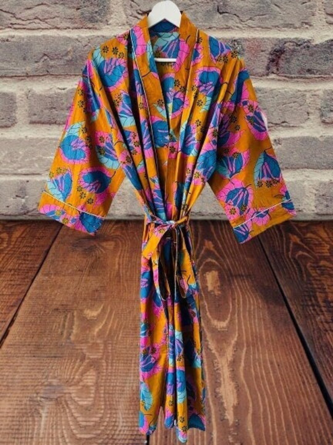 New Mustard Floral Printed Kimono Robe, Indian Pure Cotton Kimono ...