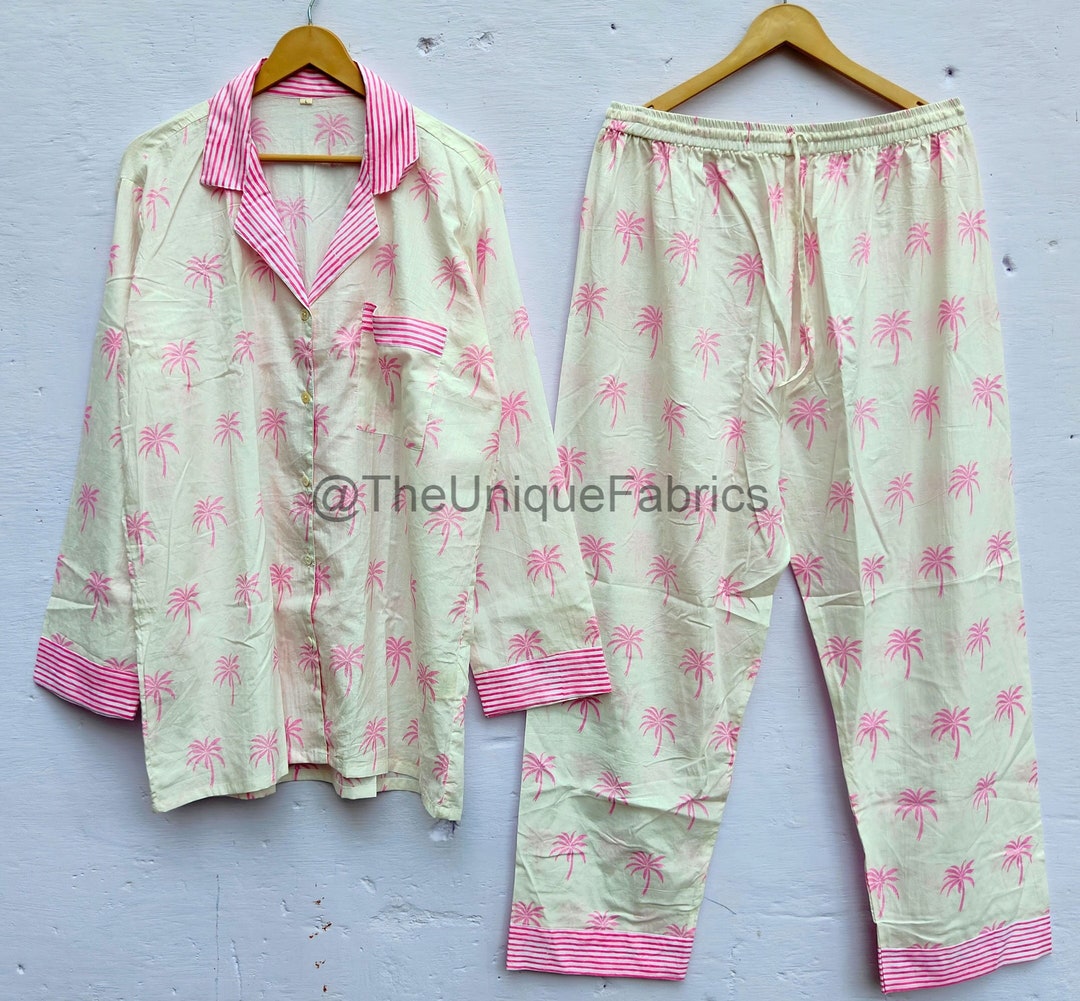 Indian Soft Cotton Pajama Set, Handmade Tree Printed Pj Set, Lounge Set ...