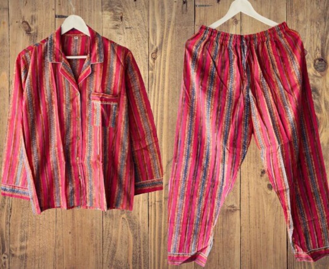 Indian Striped Printed Pajama Set, Hand Block Print Cotton Pj Set ...