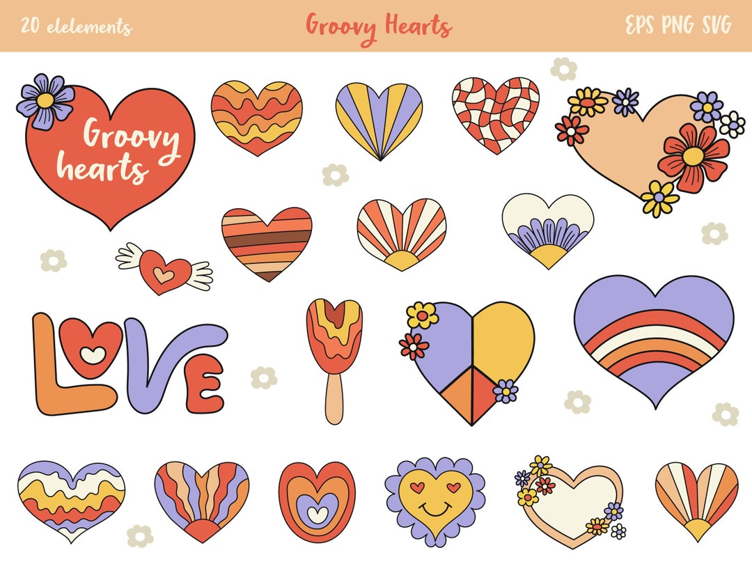 Groovy Heart Clipart, Retro Heart SVG, Valentine's Hearts Set - Etsy