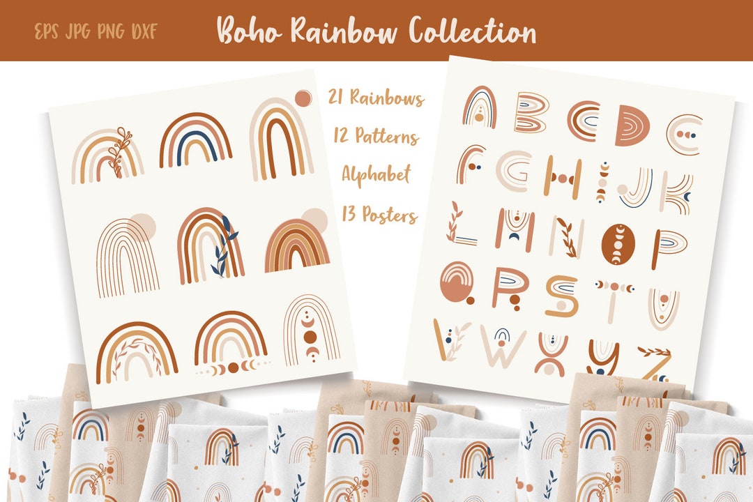 Boho Rainbow Clipart Bundle, Alphabet Posters and Clipart SVG, Bohemian ...