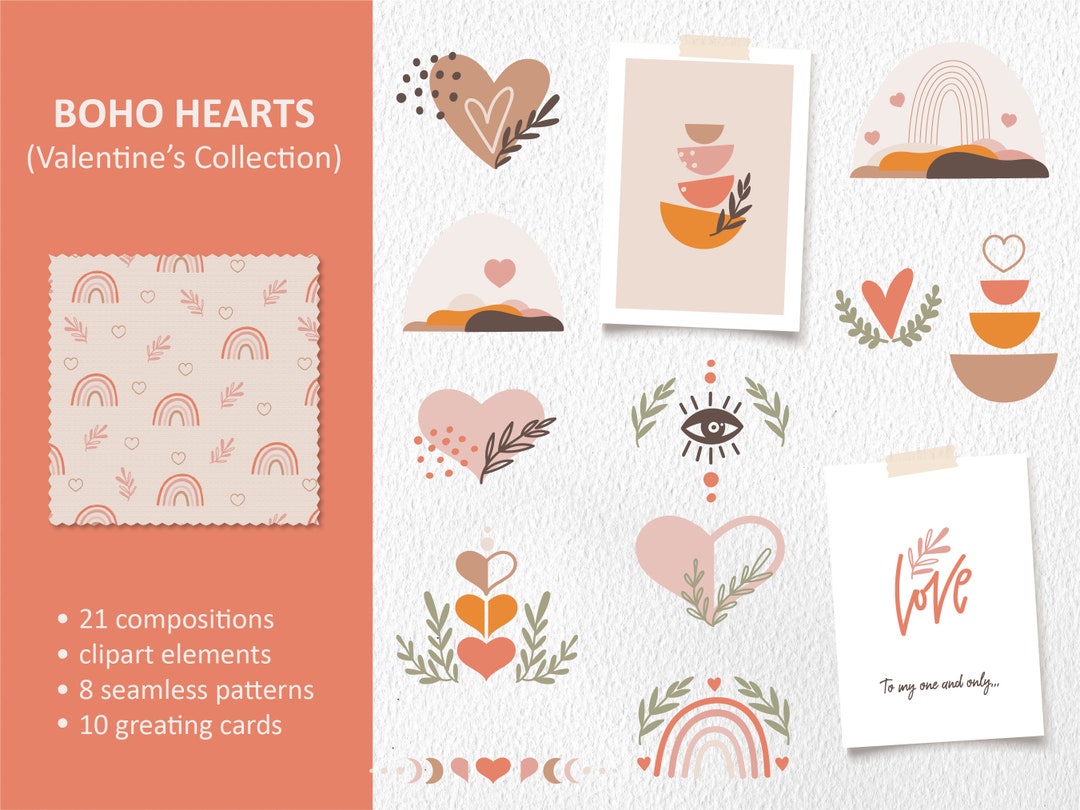 Valentine's Boho Heart Clipart, Seamless Files With Hearts, Heart ...