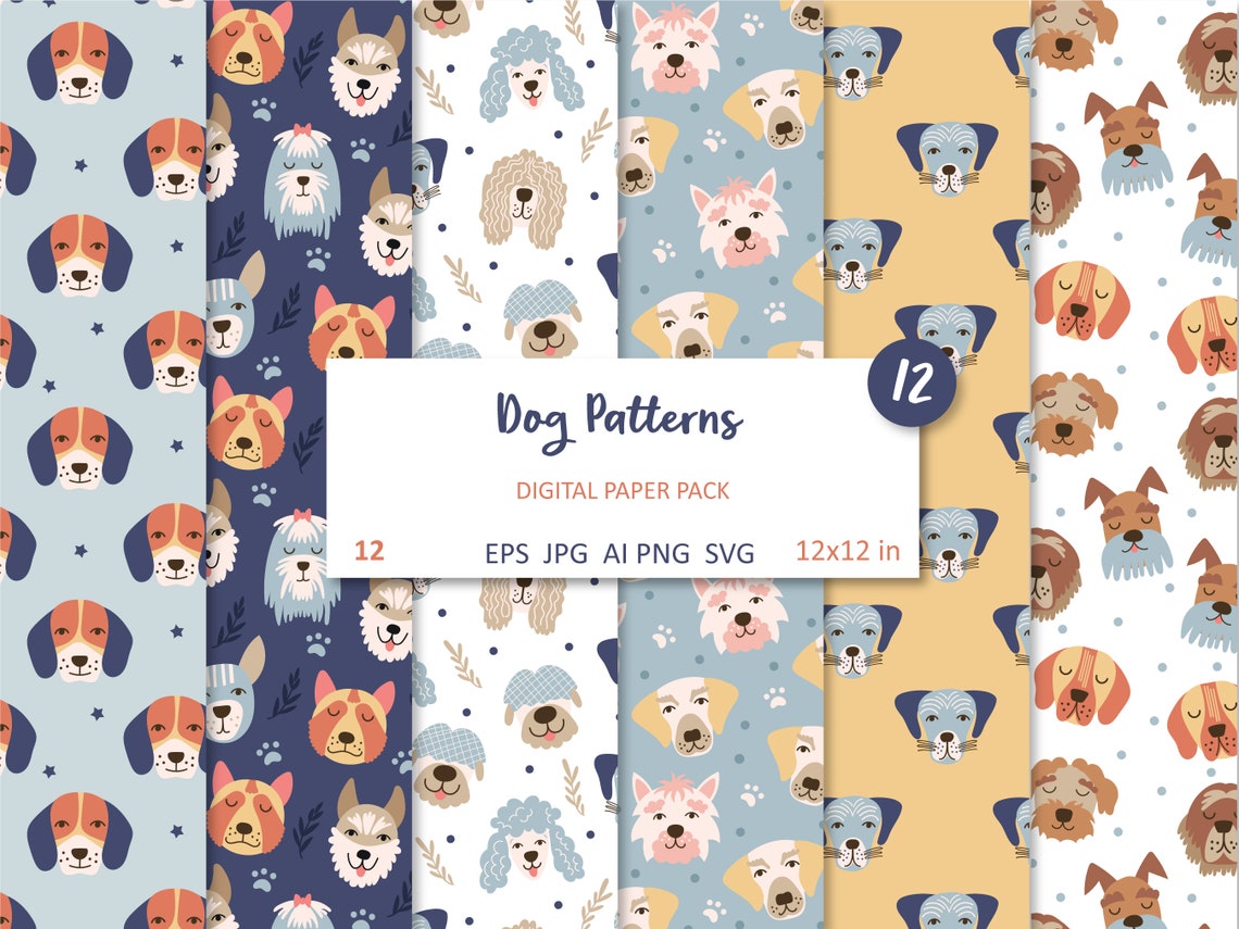 Dogs Digital Paper Set, Pet Pattern, Animal Nursery Seamless Files ...