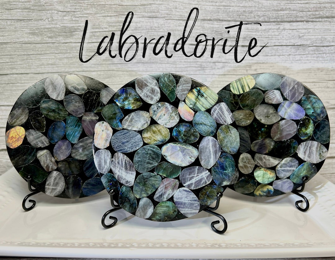 Labradorite Compressed Stones Circular Slab in Resin With Metal Stand ...