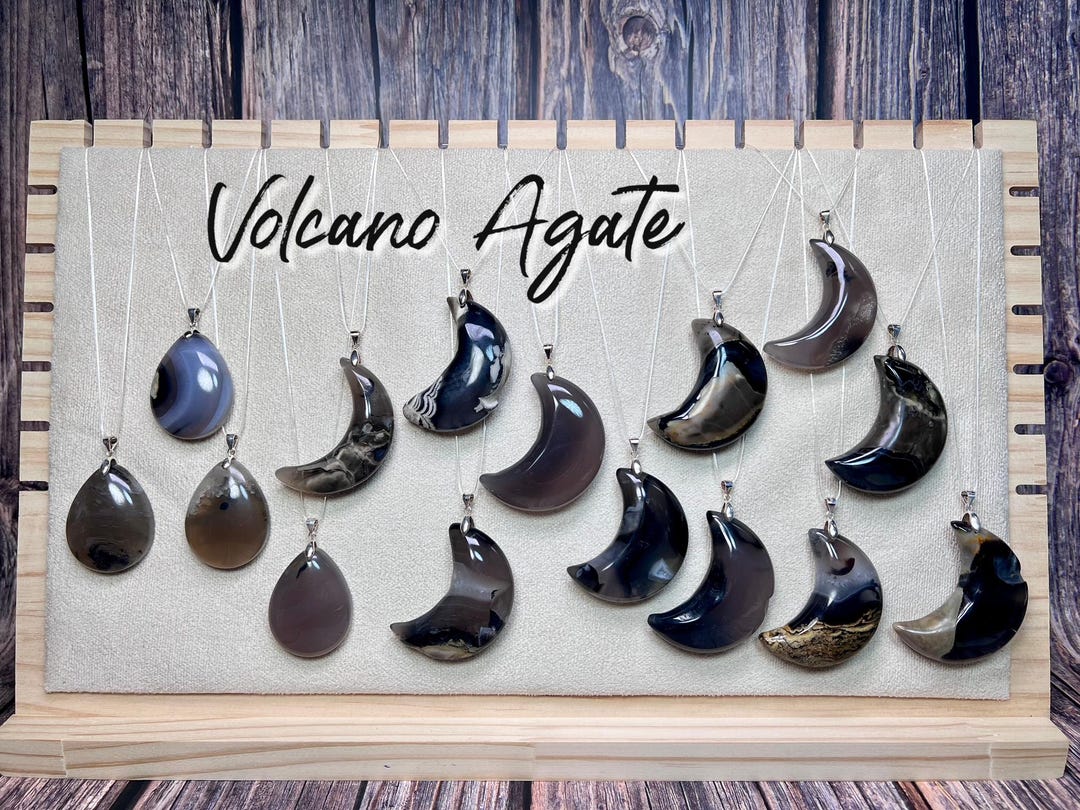 Volcano Agate Pendant, Large Volcanic Agate Moon Pendant, UV Reactive ...
