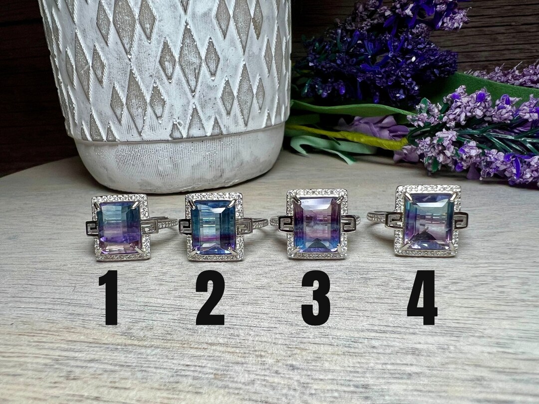 Rainbow Fluorite Ring, Rainbow Fluorite Crystal Ring, Zirconia, 925 Sterling Silver Adjustable ...