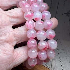 Ice Rhodonite Bracelet, Rose Rhodonite, Sakura, Cherry Rain, Round Bead ...