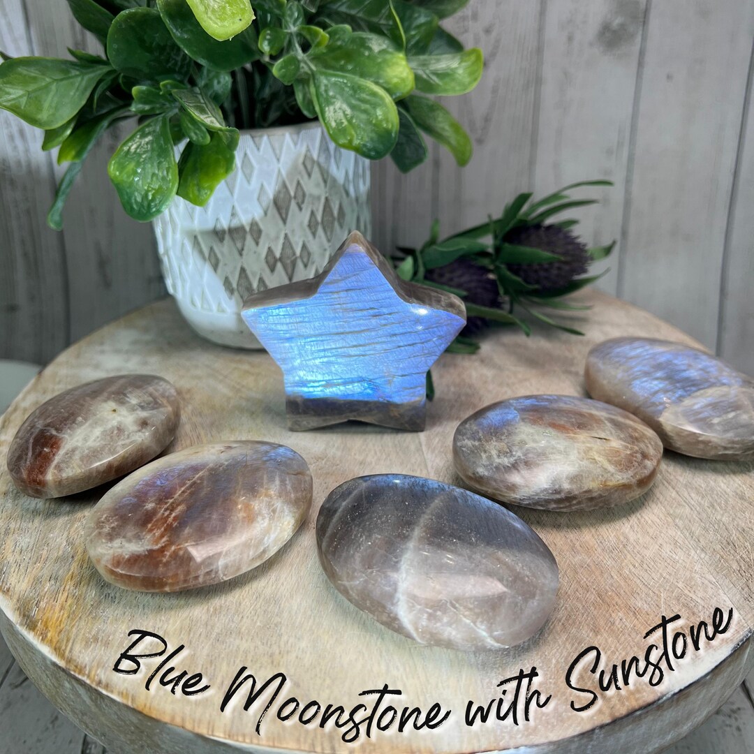 Blue Moonstone With Sunstone Palm Stone or Star, Blue Moonstone Palm ...