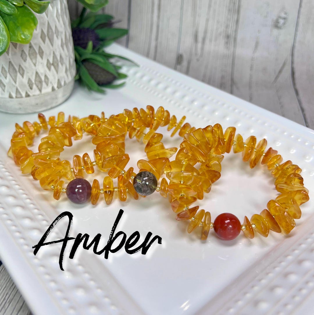Unique Amber Bracelet, Large Amber Chips Bracelet, Purple Rose Quartz ...