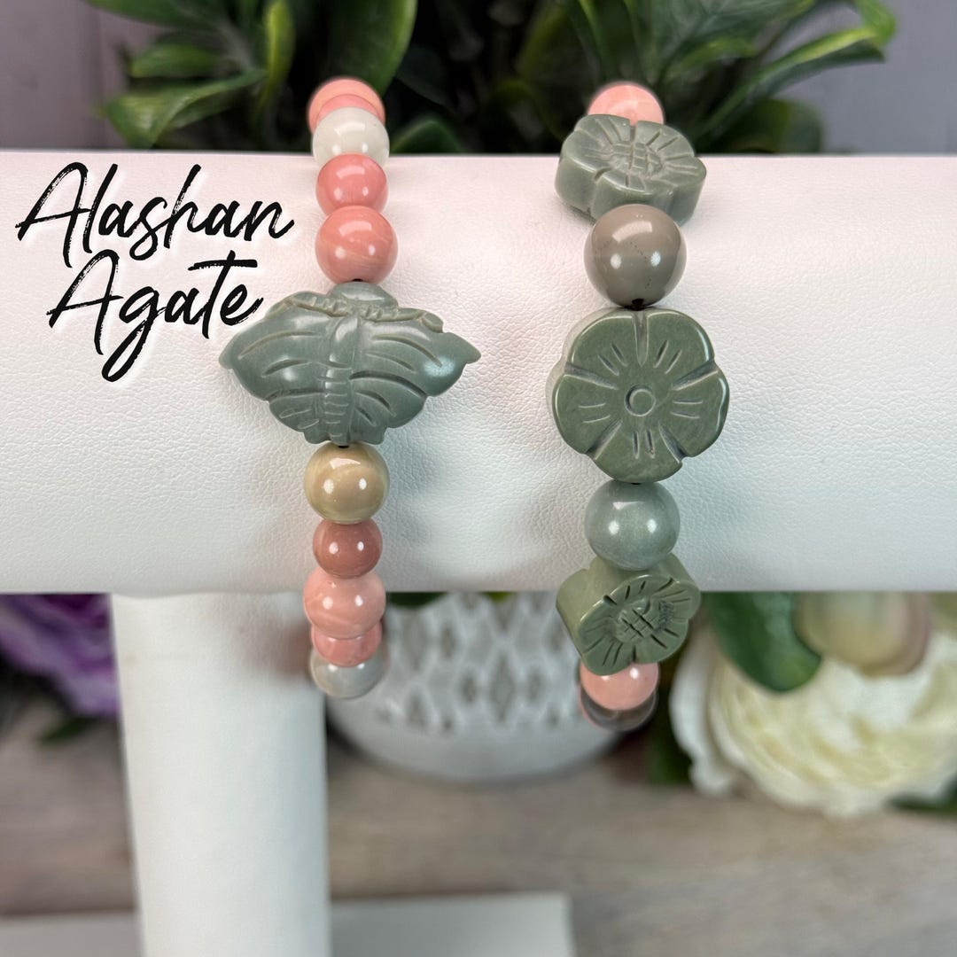 Beautiful Alashan Agate Butterfly or Flower Bracelet, 8-9mm Round Beads ...