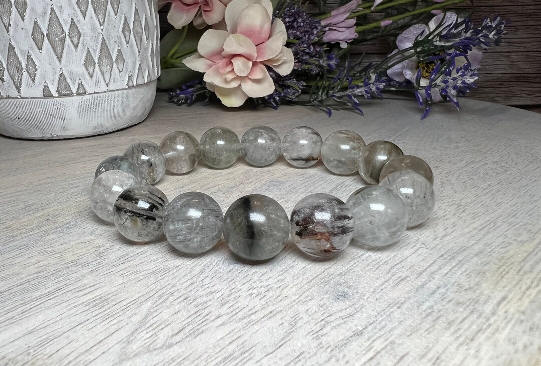 Black Rutile Quartz Bracelet, Black Rutilated Quartz, 12-13mm Round ...