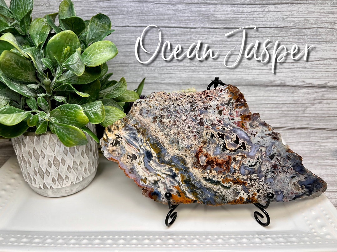 Ocean Jasper Slab, Polished Ocean Jasper Slice With Druzy Edge, Ocean ...