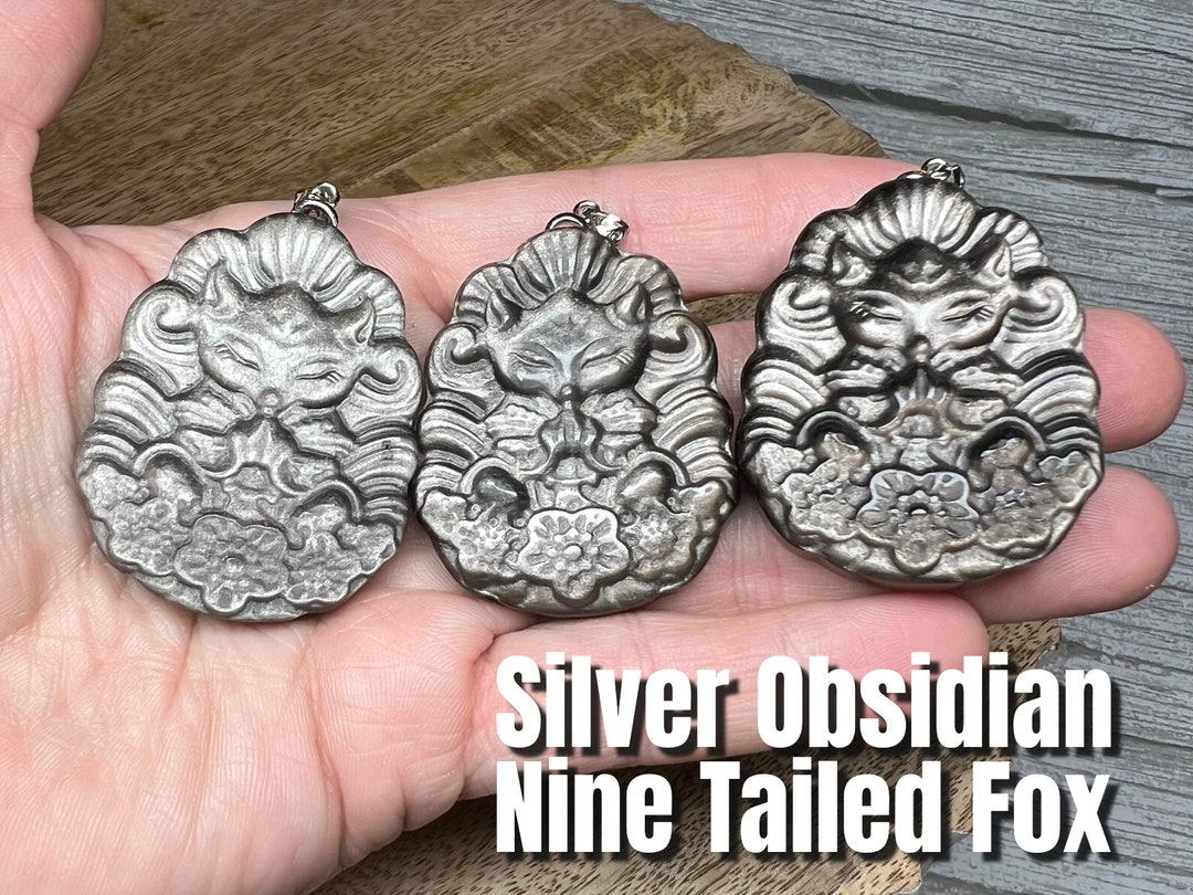 Silver Sheen Obsidian Nine-tailed Fox Pendant, Obsidian Fox Pendant ...
