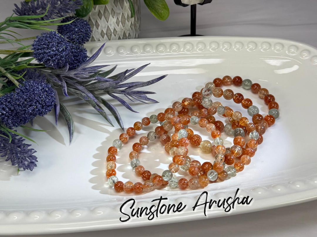 Arusha Sunstone Bracelet, Green Beryl and Sunstone, Stretchy Bracelet ...
