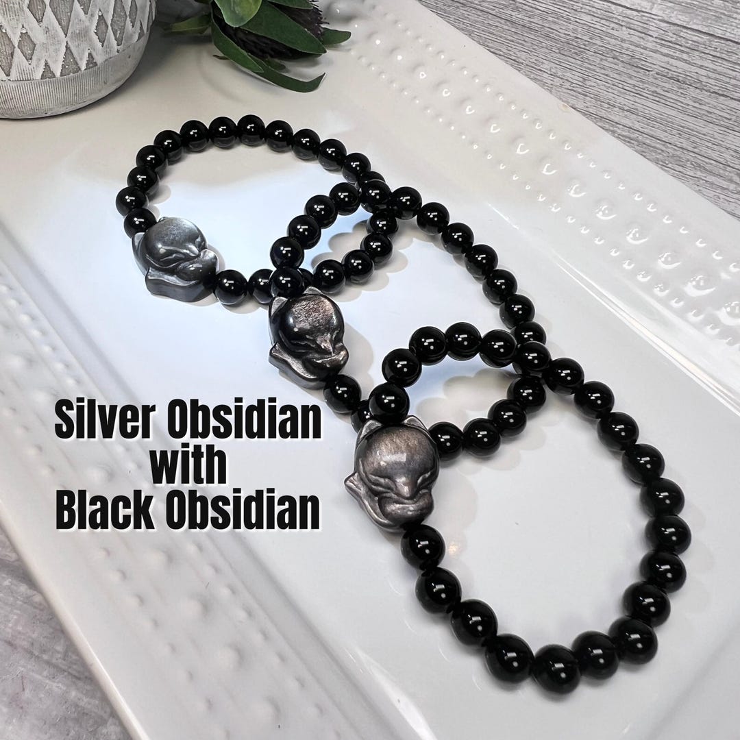 Black Obsidian With Silver Obsidian Fox Bracelet, 8-9mm Round Black ...