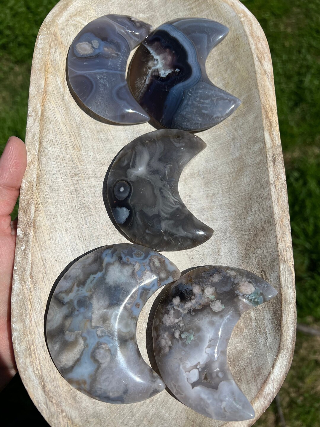 Black Flower Agate Moon Carving, Black Flower Agate, Crescent Moon ...
