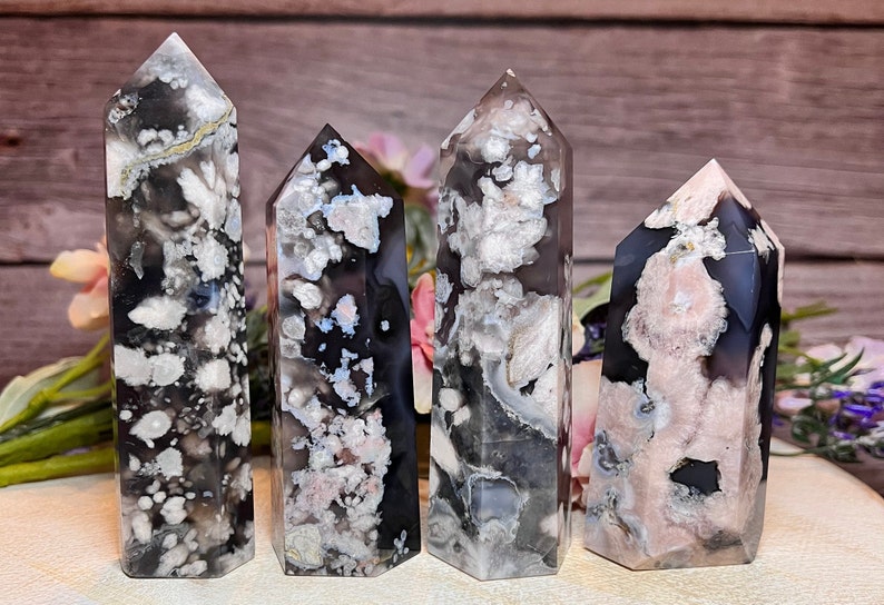 Black Flower Agate Tower, Flower Agate, Black Flower Agate, Pink Black ...