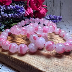 Ice Rhodonite Bracelet, Rose Rhodonite, Sakura, Cherry Rain, Round Bead ...