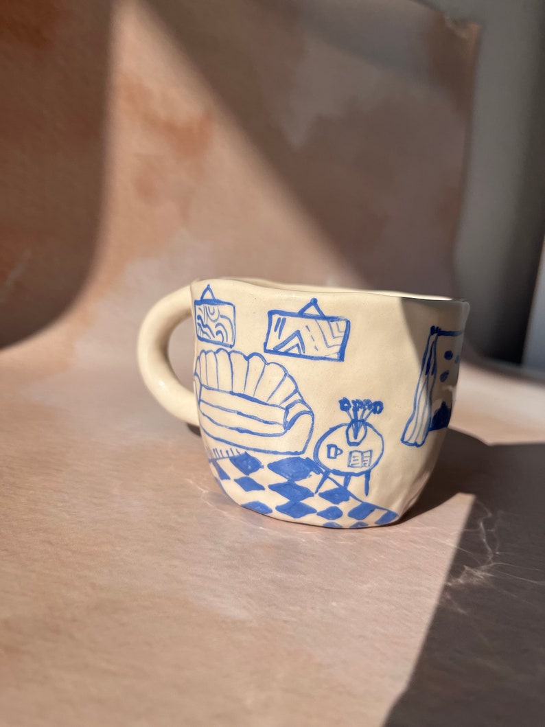 Home Drawing Mug, Blue Kitchen Art Cup, Sitting Room Tumbler, Vintage ...