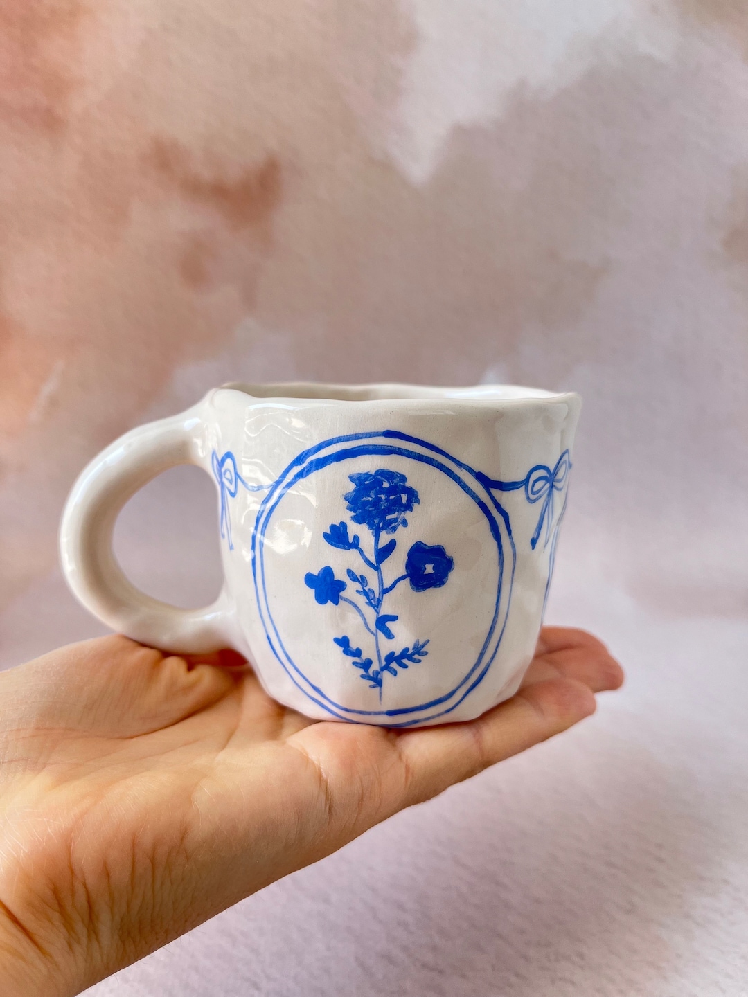 Aesthetic Hand Painted Blue Flower Mug, Ceramic Floral Design Tea ...
