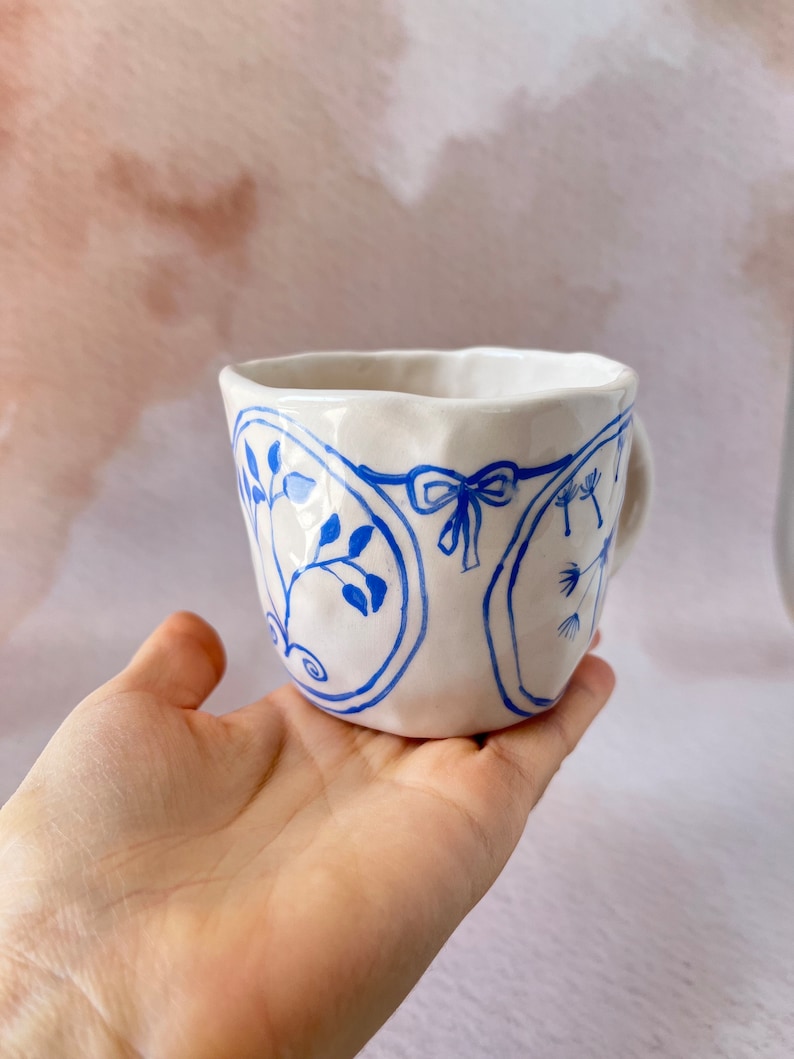 Aesthetic Hand Painted Blue Flower Mug, Ceramic Floral Design Tea ...