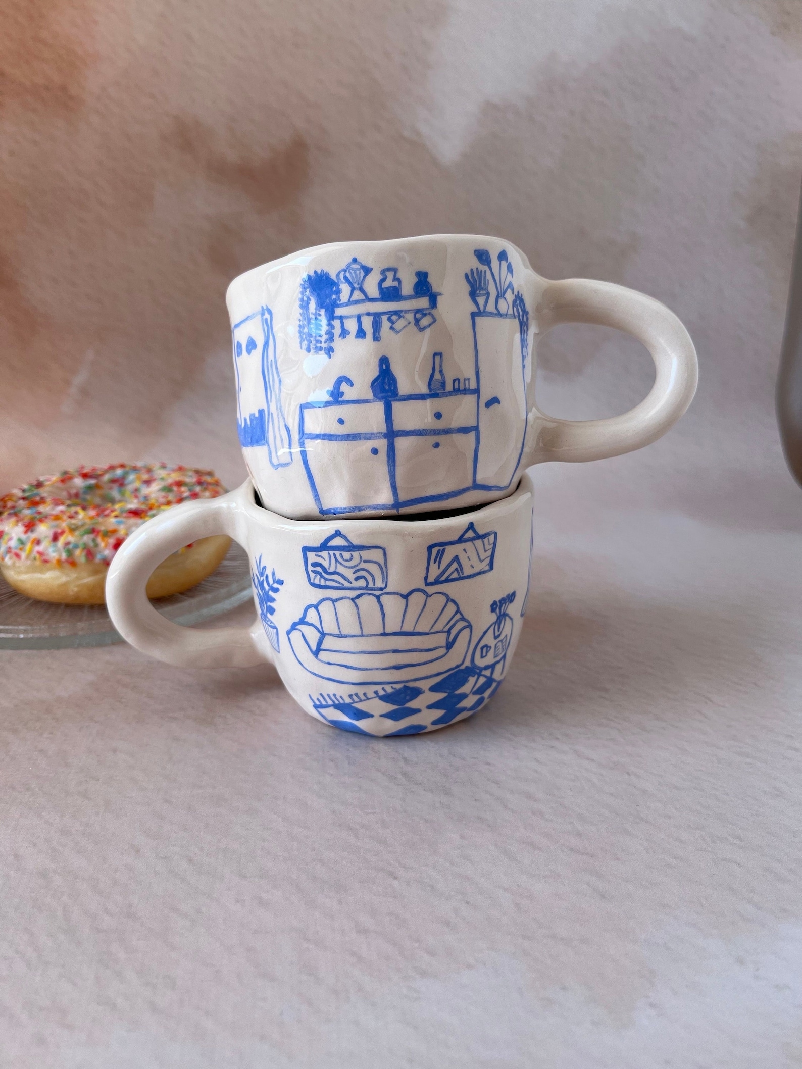 Home Drawing Mug, Blue Kitchen Art Cup, Sitting Room Tumbler, Vintage ...