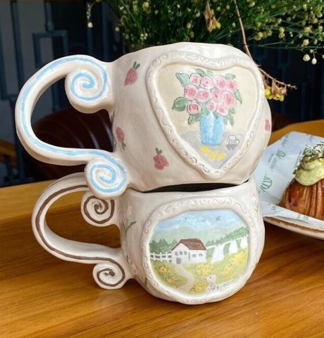 Handmade Aesthetic Ceramic Mug With Artistic Painting Picture, Hand ...
