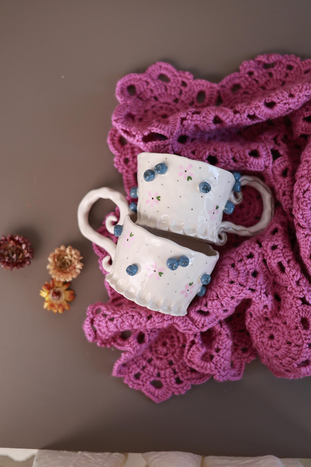 HANDMADE Blueberry Ceramic Mug, Cute Pottery Coffee Cup, Wide Handmade ...