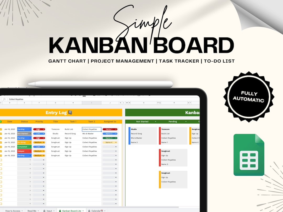 SUPER Simple Kanban Board Google Sheets Template, Gantt Chart, Task ...