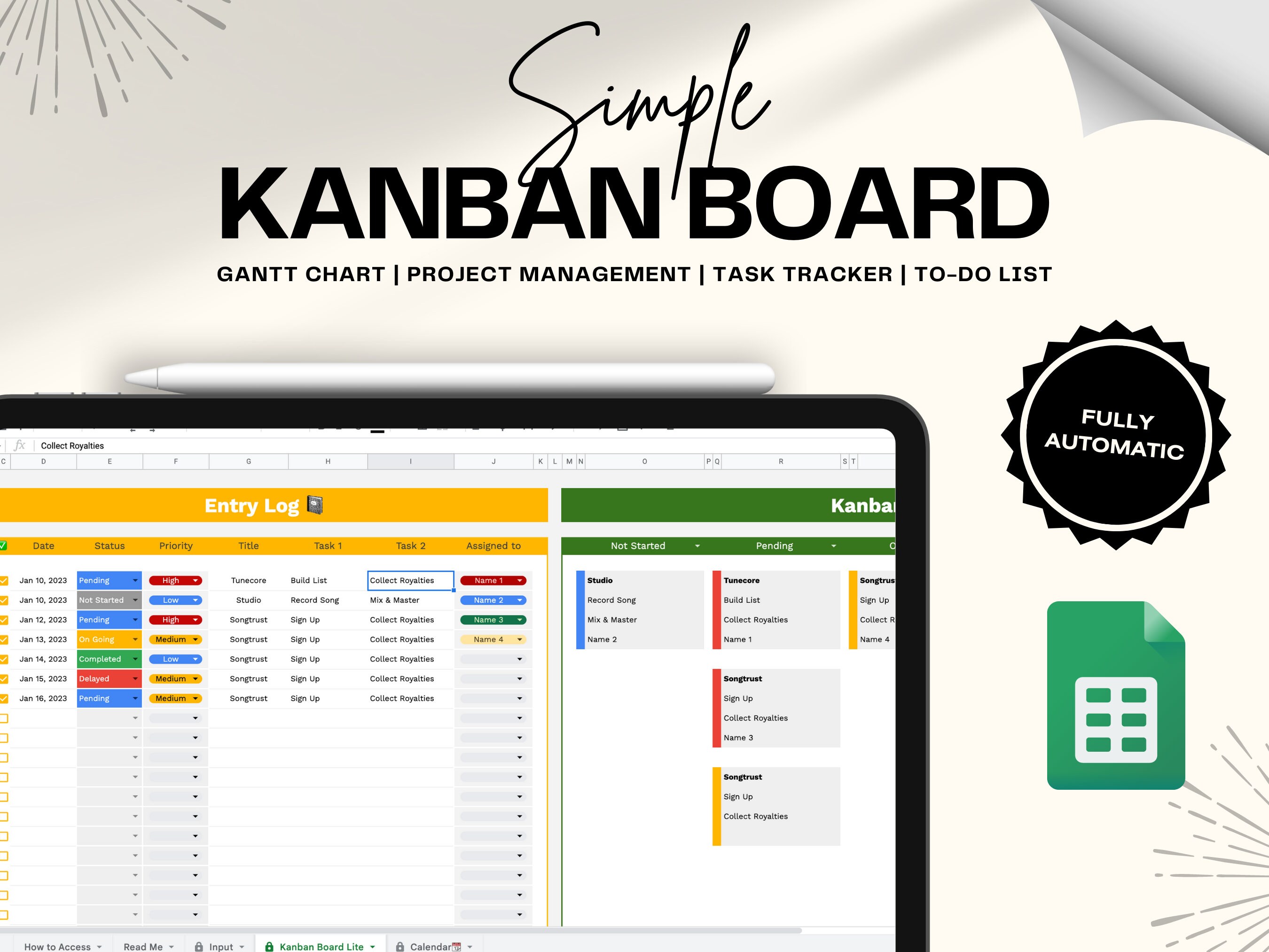 SUPER Simple Kanban Board Google Sheets Template, Gantt Chart, Task ...