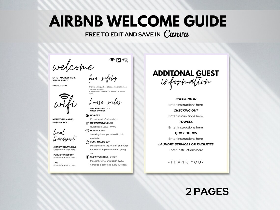 2 Pages Airbnb Welcome Guide Template, Airbnb Printables, Vrbo Host ...