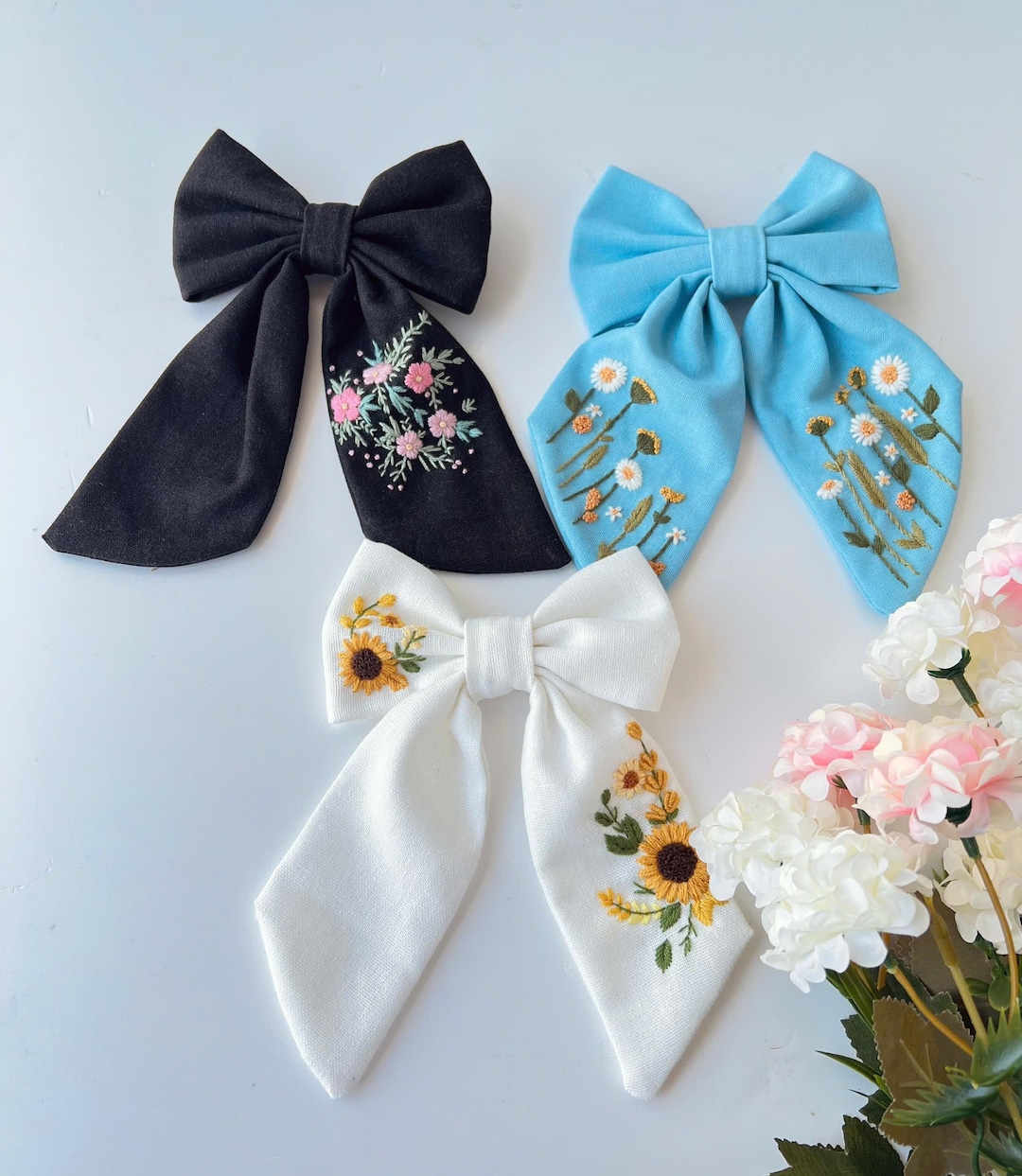 Flower Hair Bow, Hand Embroidered Hair Bow Personalized,embroidery Hair ...