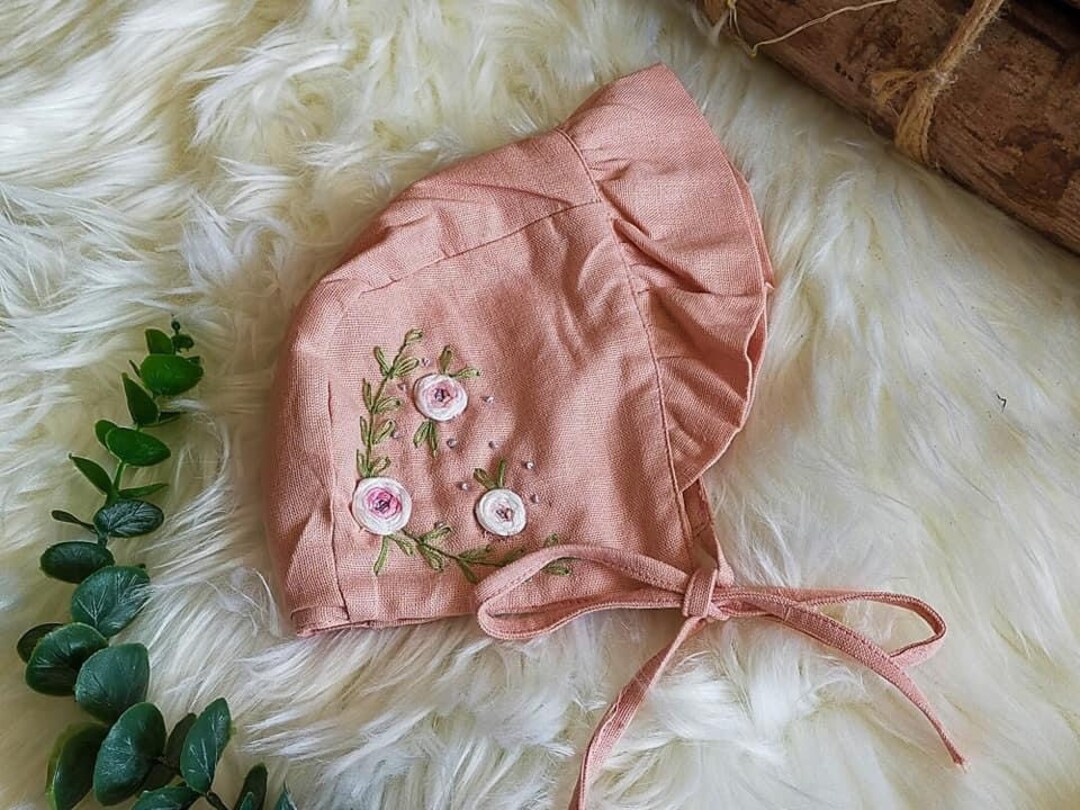 Vintage Hand Embroidered Linen Baby Bonnet With Rose Flowers ...