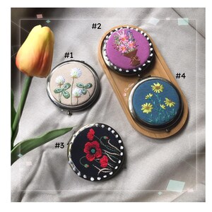 Floral Embroidered Compact Mirror, Flower Pocket Mirror, Daisy Mirror ...