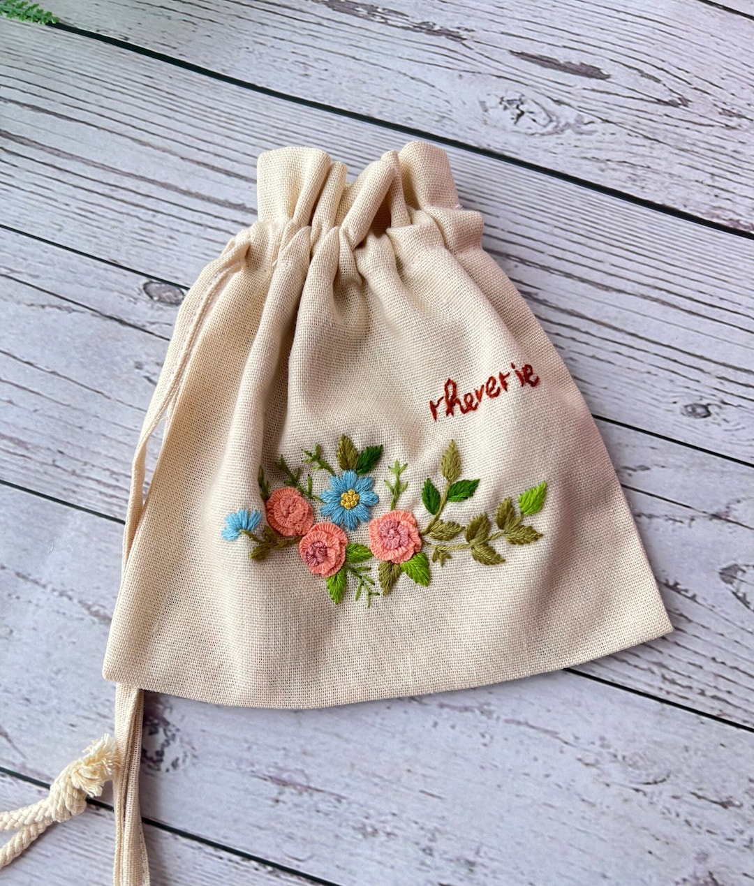 Custom Embroidered Drawstring Bag, Rose Embroidered Pouch, Personalized ...