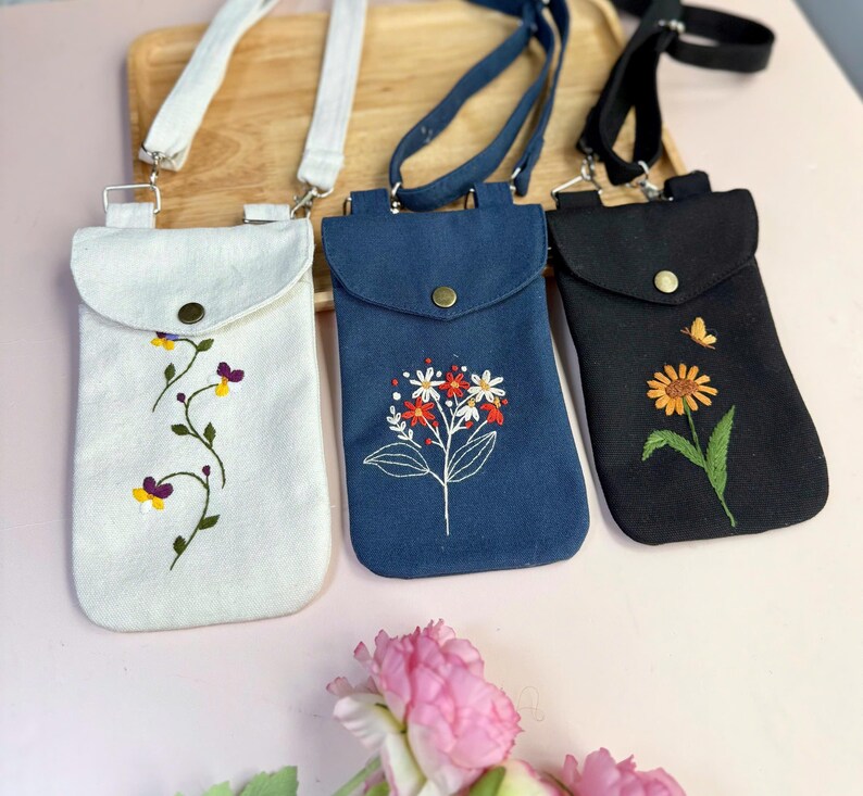 Hand Embroidered Crossbody Phone Bag, Handmade Phone Pouch ...