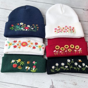 Hand Embroidered Beanie, Daisy Beanie, Mushroom Beanie, Wild Flower and ...
