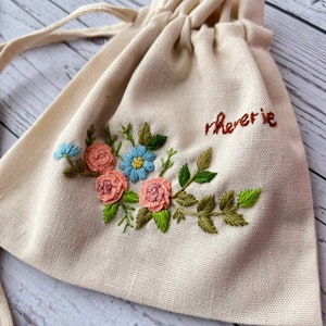 Custom Embroidered Drawstring Bag, Rose Embroidered Pouch, Personalized ...