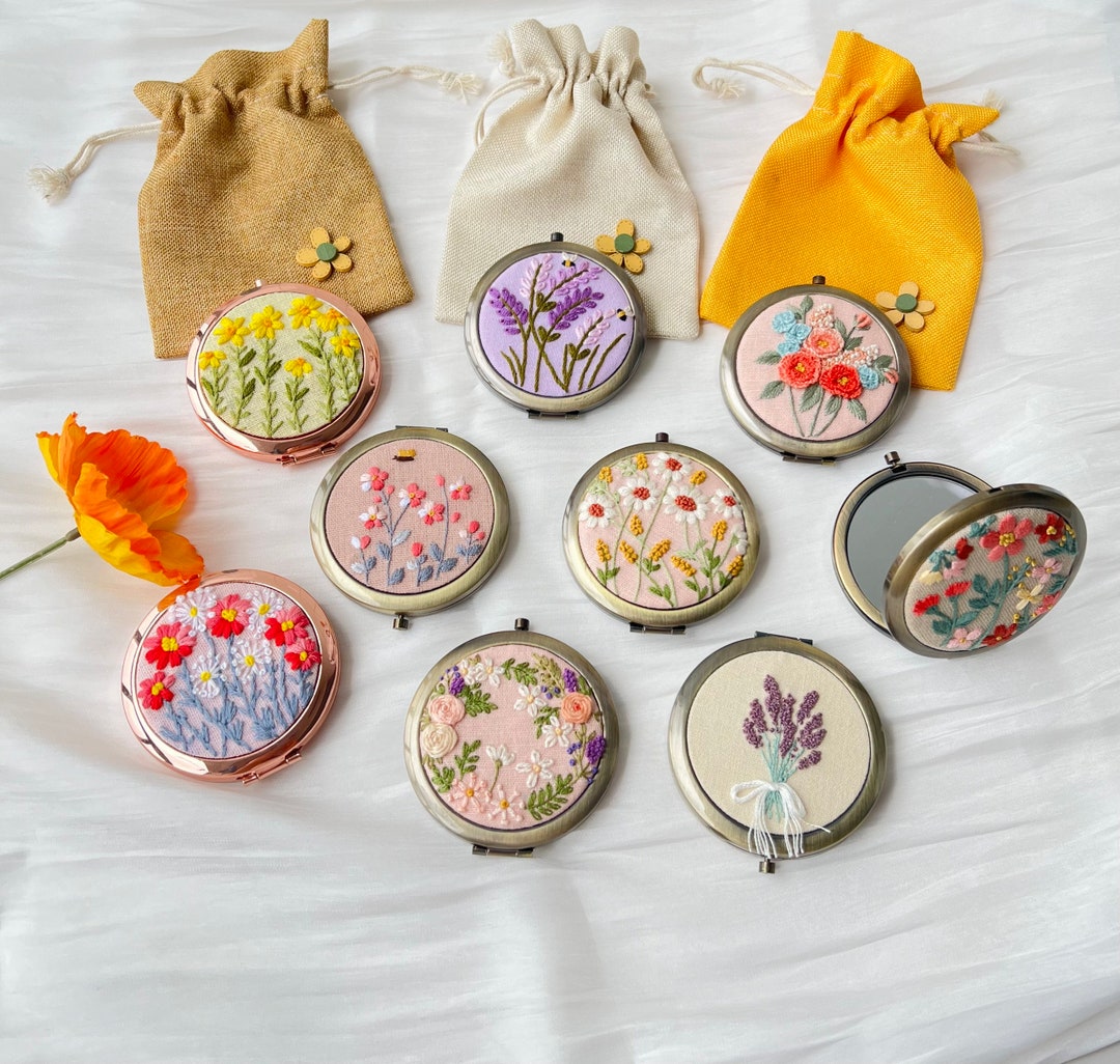 Wild Flower Embroidered Compact Mirror Comes With a Drawstring Bag ...