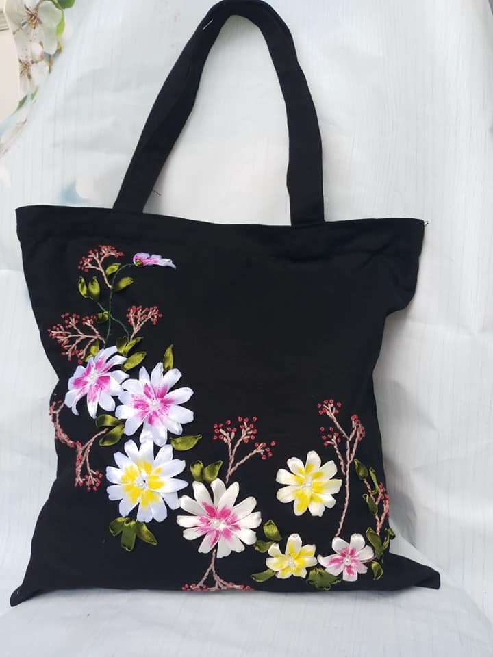 Floral Embroidered Tote Bag With Zipper and Pocket Silk - Etsy