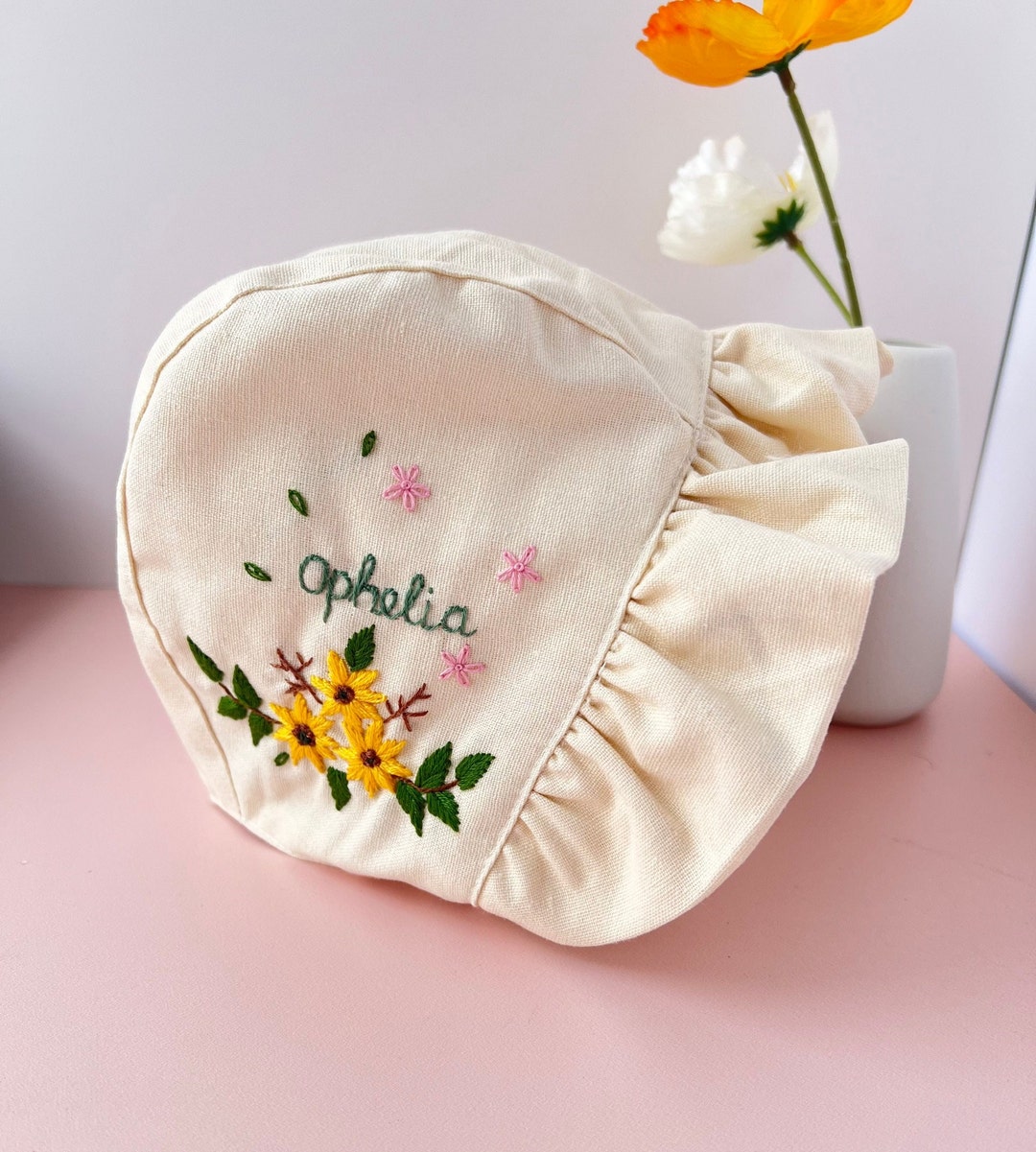 Personalized Hand Embroidered Linen Baby Bonnet With Sunflowers, Rose ...