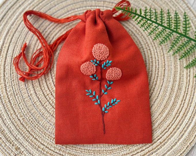 Flower Embroidery Drawstring Bag, Linen Gift Wrapping, Handmade ...