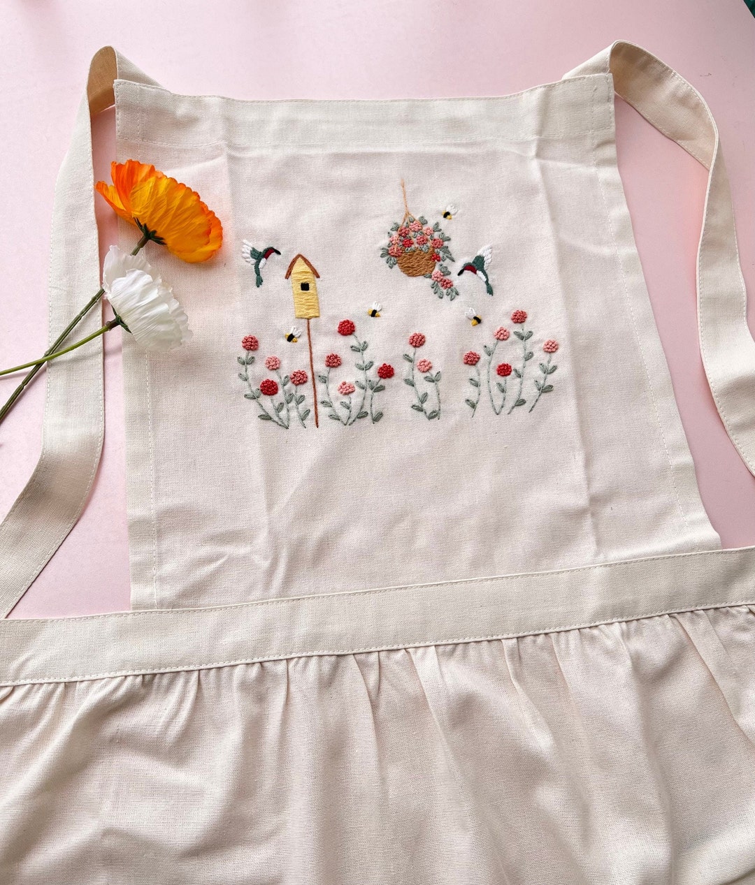 Hand Embroidered Apron Women With Flower & Bird Nest, Floral ...