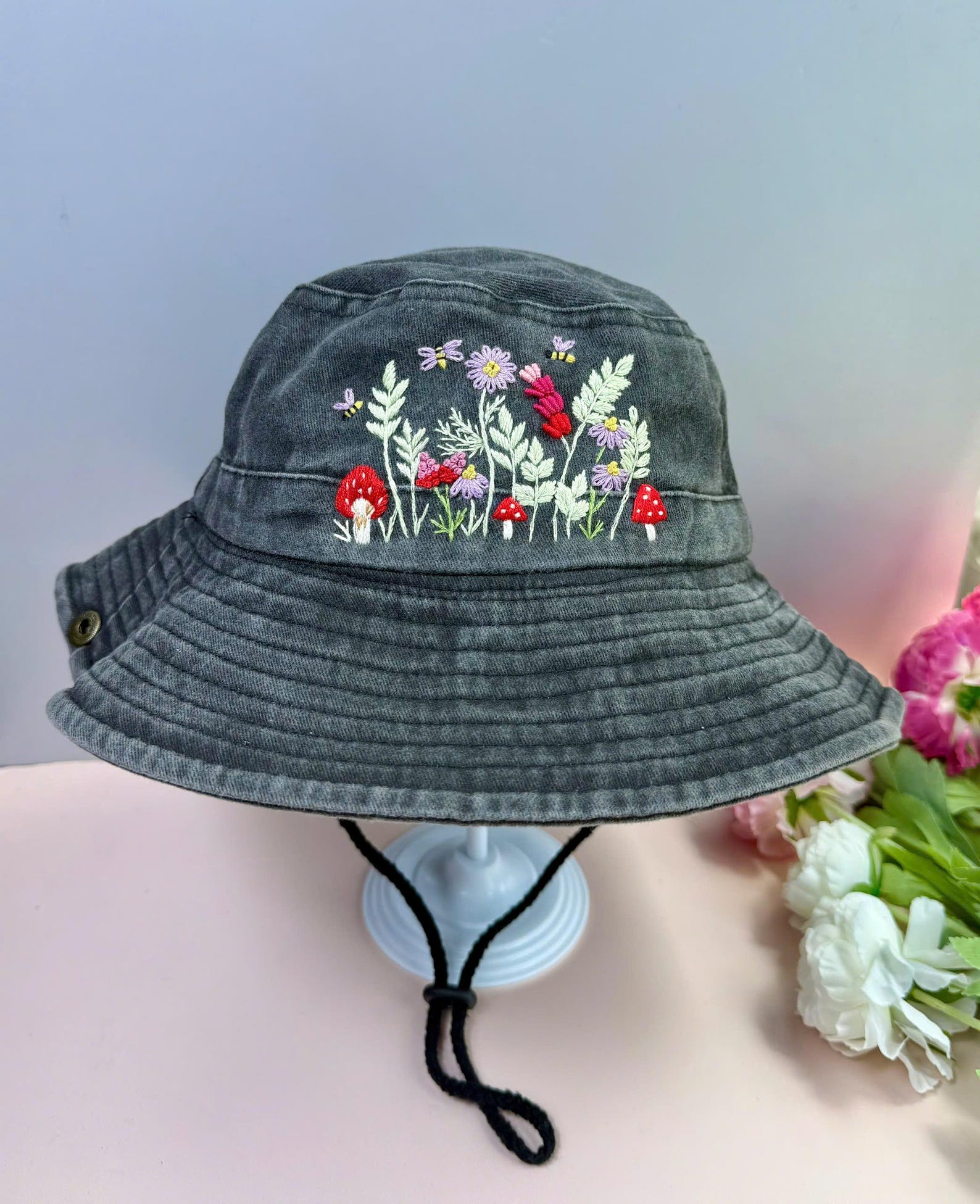 Custom Hand Embroidered Bucket Sun Hat, Wash Cotton Hat, Flower and ...