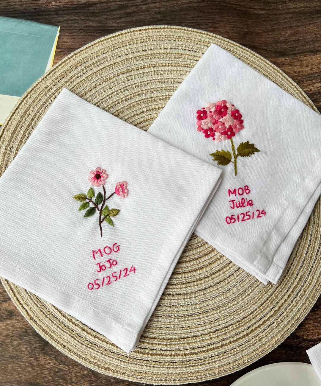 Pink Flowers Embroidered Handkerchiefs, for Happy Tears, Personalized ...