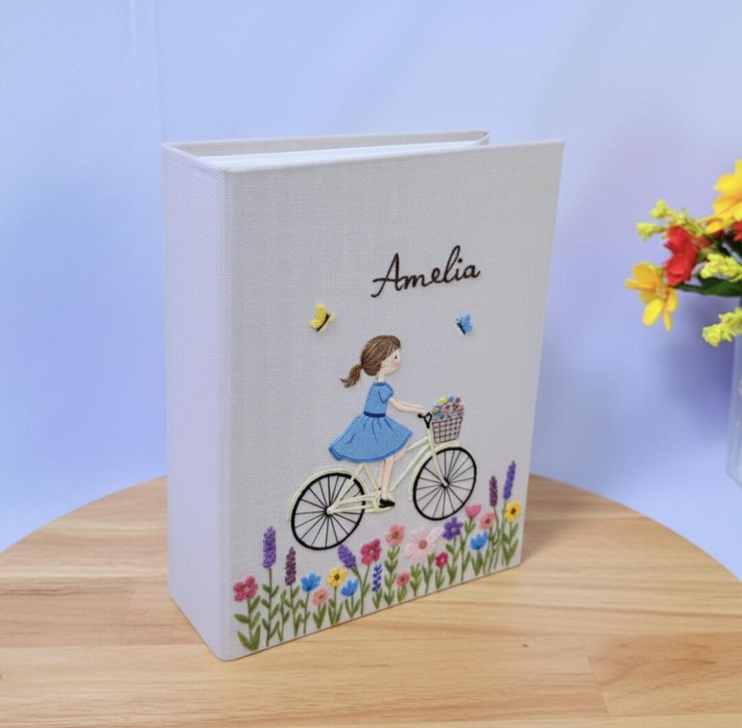 Hand Embroidered Photo Album With Sleeves, Girl on Bike Personalized ...
